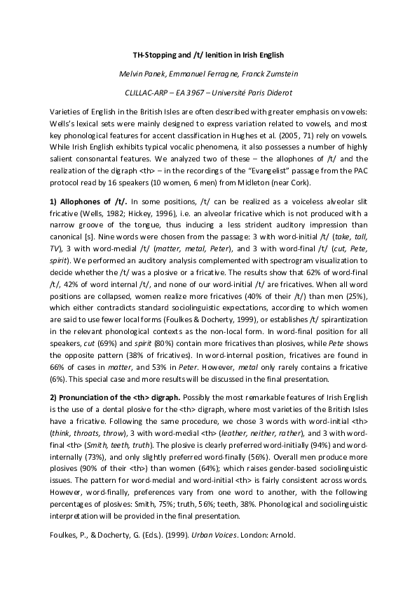 (PDF) TH-Stopping and /t/ lenition in Irish English