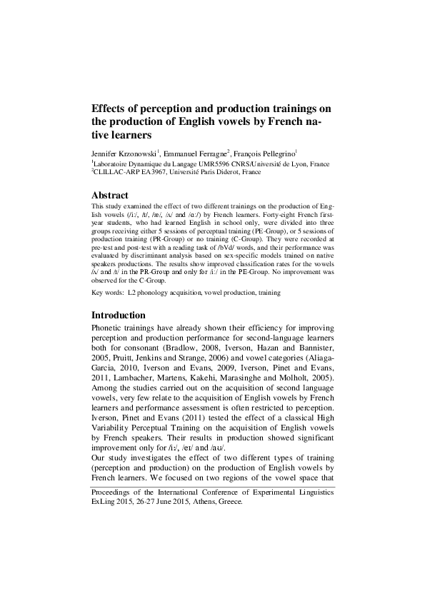 (PDF) Effects of perception and production trainings on the production of English vowels by ...