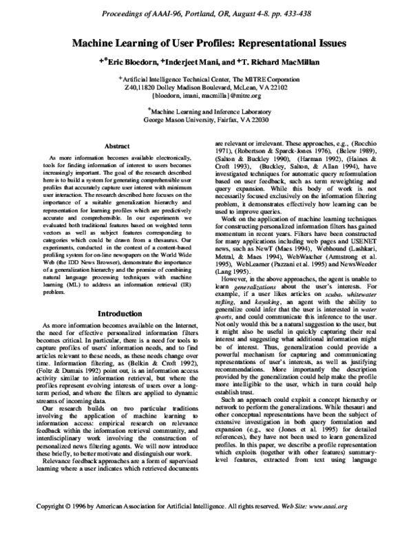 (PDF) Machine learning of user profiles: Representational issues