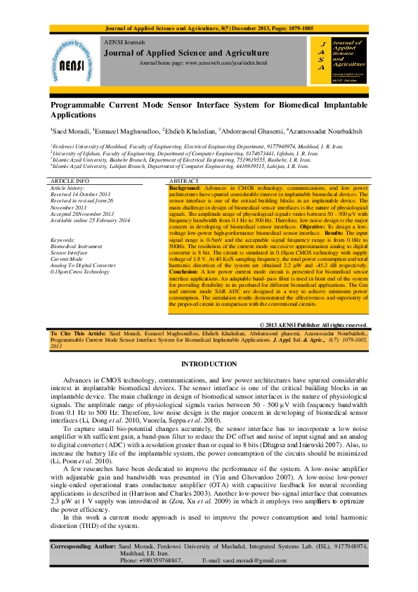 (PDF) Programmable Current Mode Sensor Interface System for Biomedical Implantable Applications