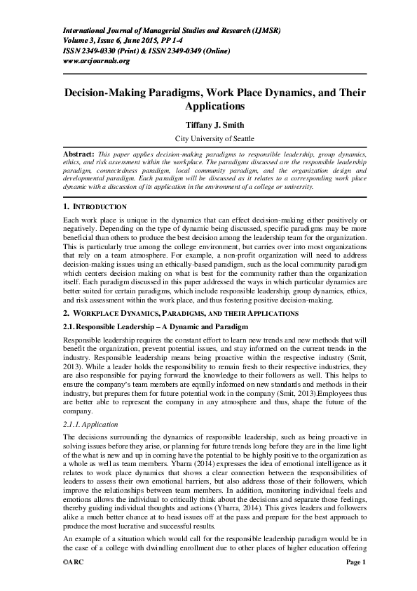 (PDF) Decision-Making Paradigms, Work Place Dynamics, and Their ...