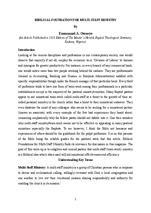 (DOC) Biblical Foundation for Multi - Staff Ministry