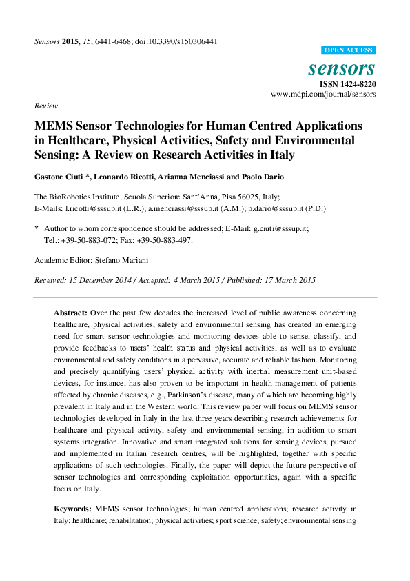 (PDF) MEMS Sensor Technologies for Human Centred Applications in ...