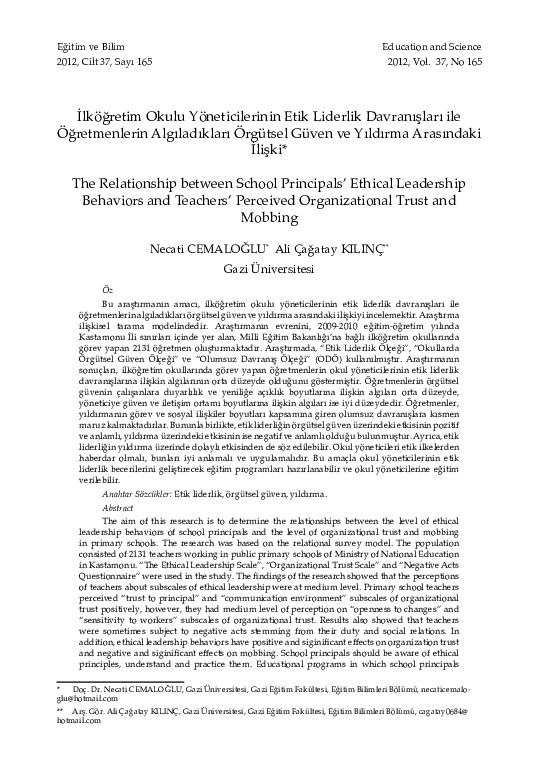 (PDF) The Relationship between School Principals’ Ethical Leadership ...