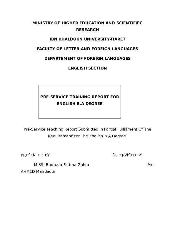 (DOC) PRE-SERVICE TRAINING REPORT FOR ENGLISH B.A DEGREE