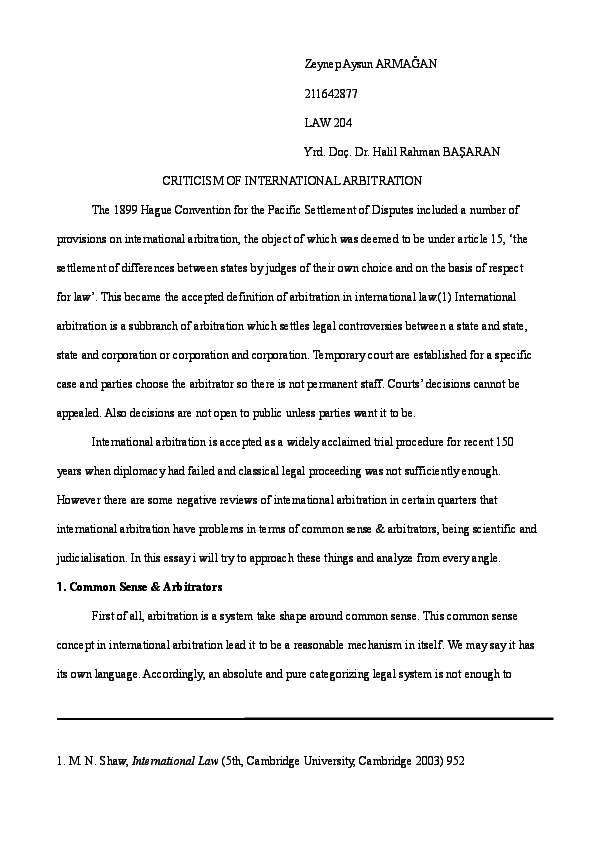 (PDF) Criticism of International Arbitration