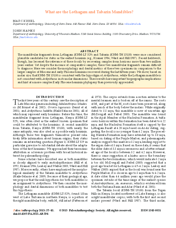 (PDF) What are the Lothagam and Tabarin Mandibles?