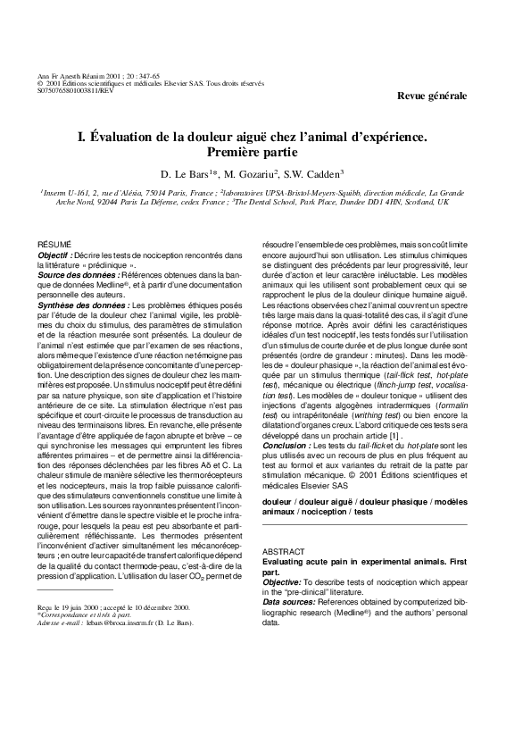 (PDF) Ann Fr Anesth Re anim-2001-E valuation de la douleur aigue chez l ...