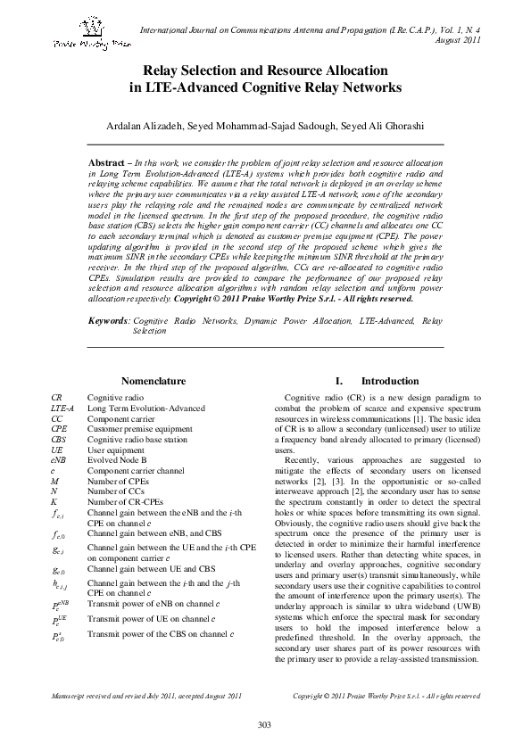 (PDF) Relay Selection and Resource Allocation in LTE-Advanced Cognitive Relay Networks