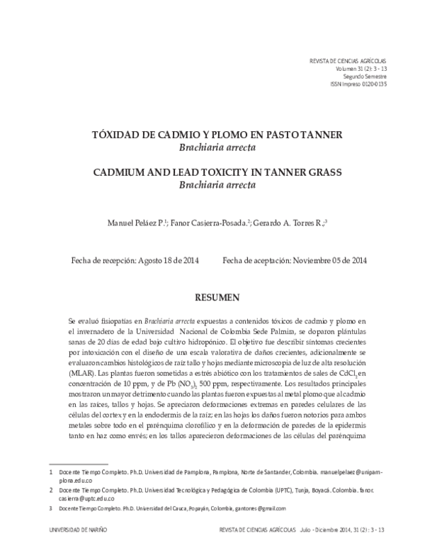 (PDF) Toxicidad de cadmio y plomo en pasto Tanner Brachiaria arrecta