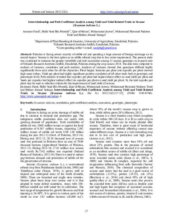 Pdf Interrelationship And Path Coefficient Analysis Among Yield And Yield Related Traits In