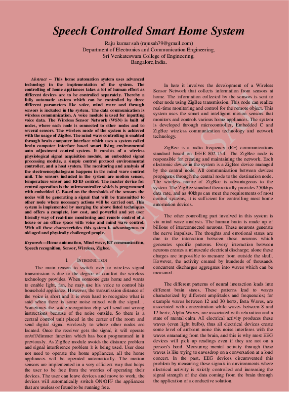 (PDF) Speech Controlled Smart Home System