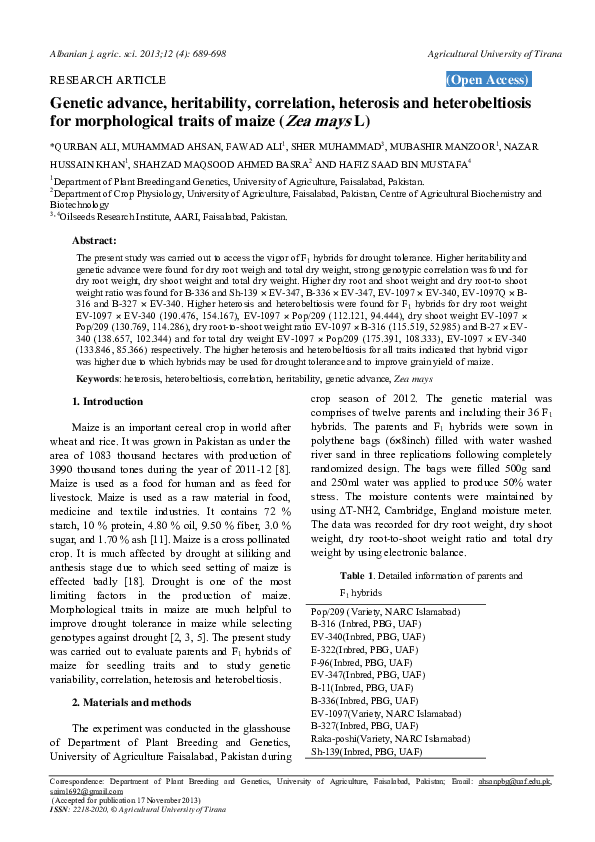 (PDF) Genetic advance, heritability, correlation, heterosis and heterobeltiosis for ...