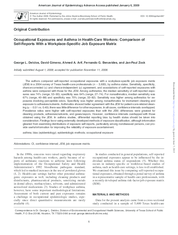 (PDF) Occupational Exposures and Asthma in HealthCare Workers ...