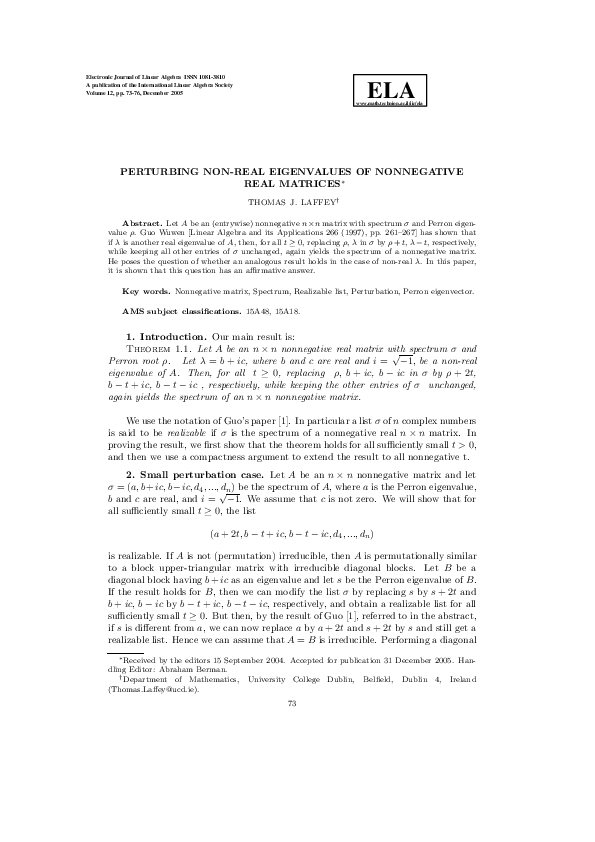 Pdf Perturbing Non Real Eigenvalues Of Nonnegative Real Matrices