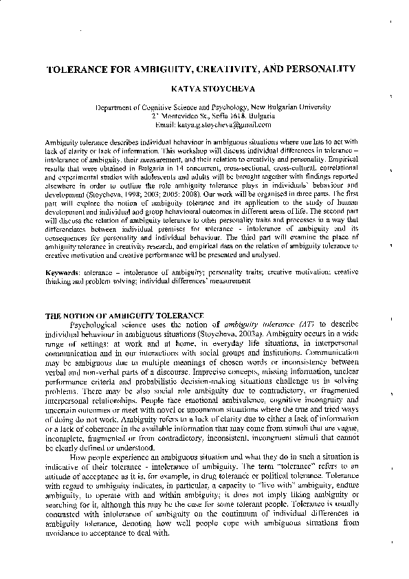 (PDF) Tolerance for ambiguity, creativity, and personality