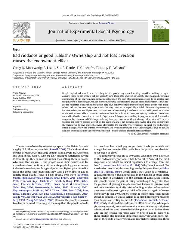 (PDF) Bad riddance or good rubbish? Ownership and not loss aversion ...
