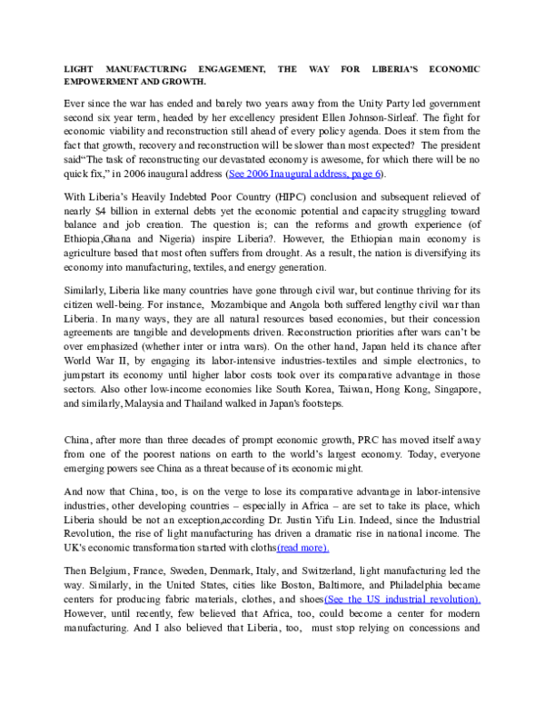 (DOC) LIGHT MANUFACTURING ENGAGEMENT, THE WAY FOR LIBERIA’S ECONOMIC ...
