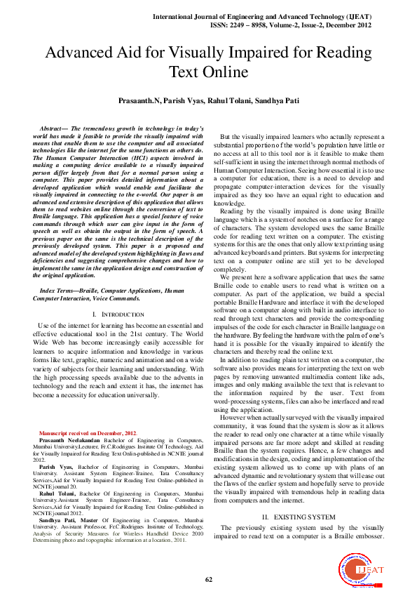 (PDF) Advanced Aid for Visually Impaired for Reading Text Online