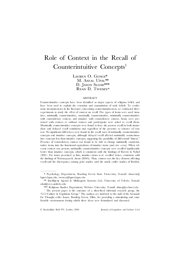 (PDF) Role of Context in the Recall of Counterintuitive Concepts