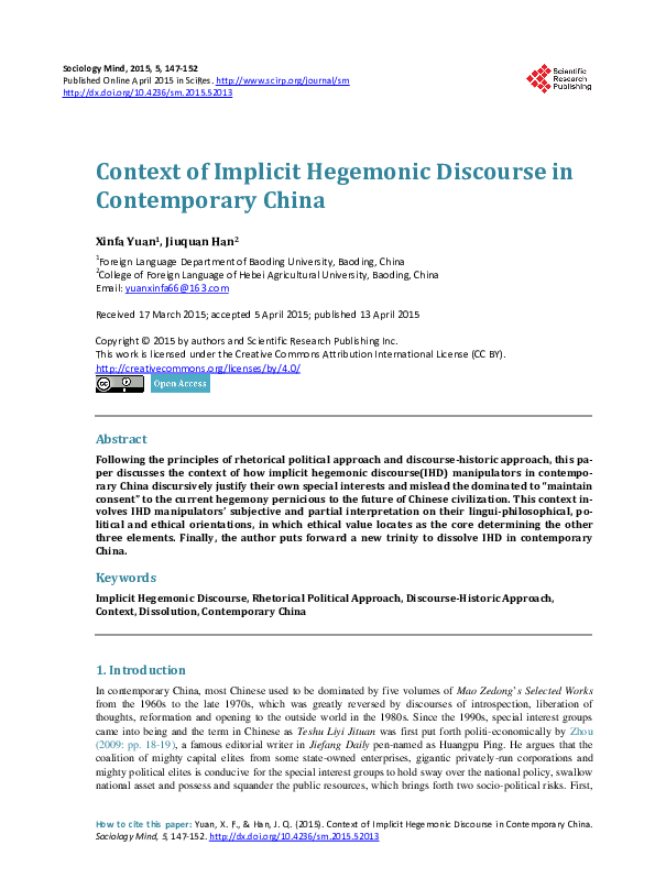 Pdf Context Of Implicit Hegemonic Discourse In Contemporary China