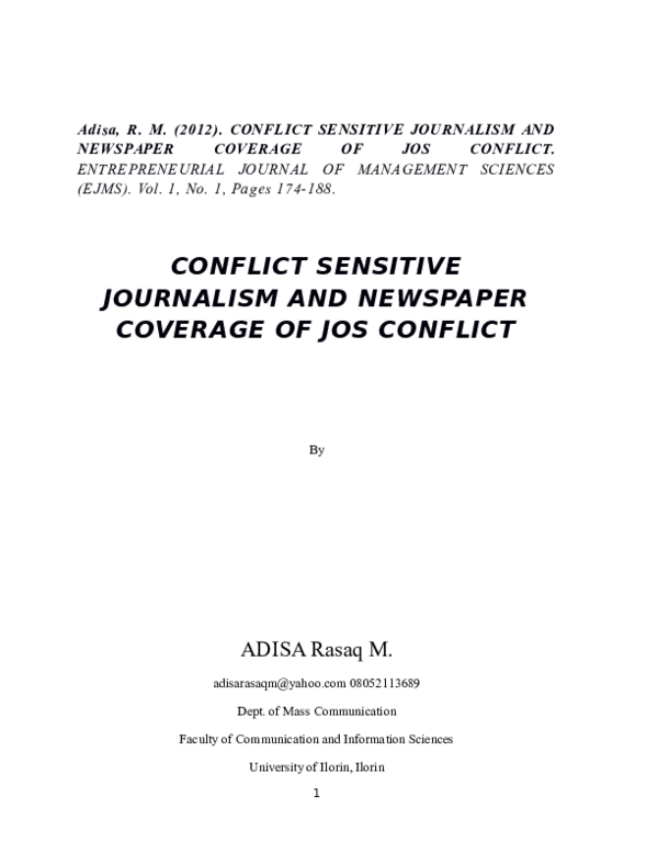 (DOC) CONFLICT SENSITIVE JOURNALISM AND NEWSPAPER COVERAGE OF JOS CONFLICT
