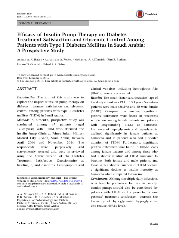 (PDF) Efficacy of Insulin Pump Therapy on Diabetes Treatment ...