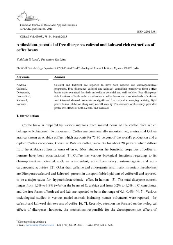 (PDF) Antioxidant potential of free diterpenes cafestol and kahweol ...