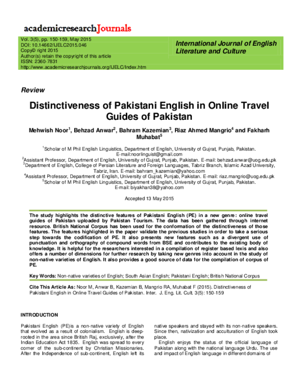 (PDF) Distinctiveness of Pakistani English in Online Travel Guides of ...