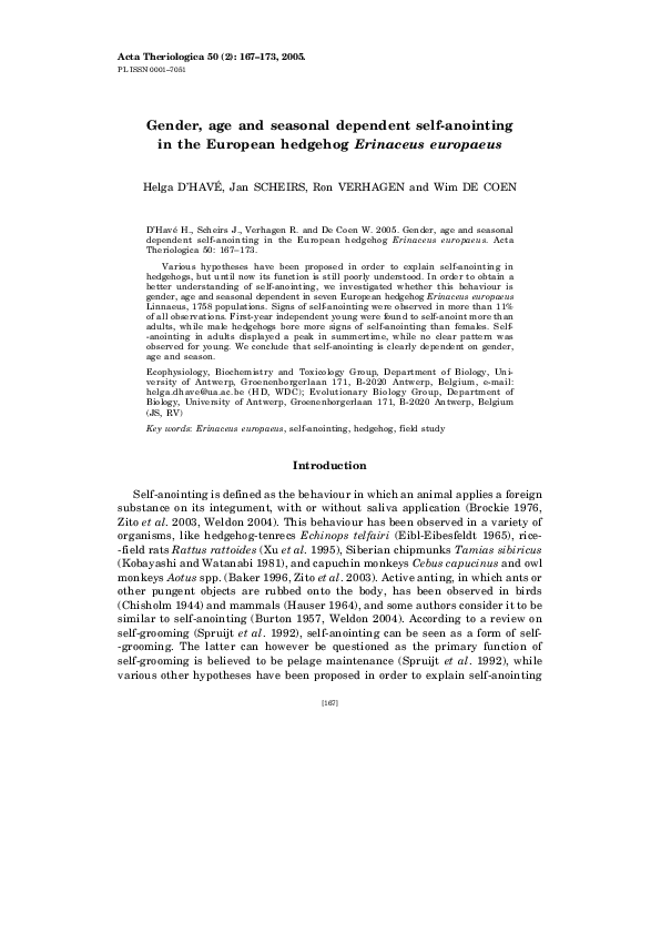 (PDF) Gender, age and seasonal dependent self-anointing in the European ...