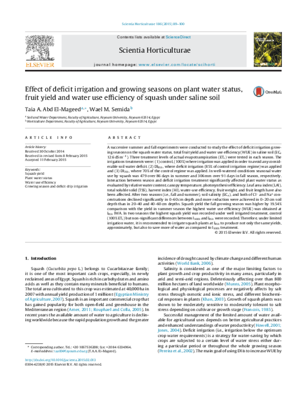 (PDF) Effect of deficit irrigation and growing seasons on plant water status,fruit yield and ...
