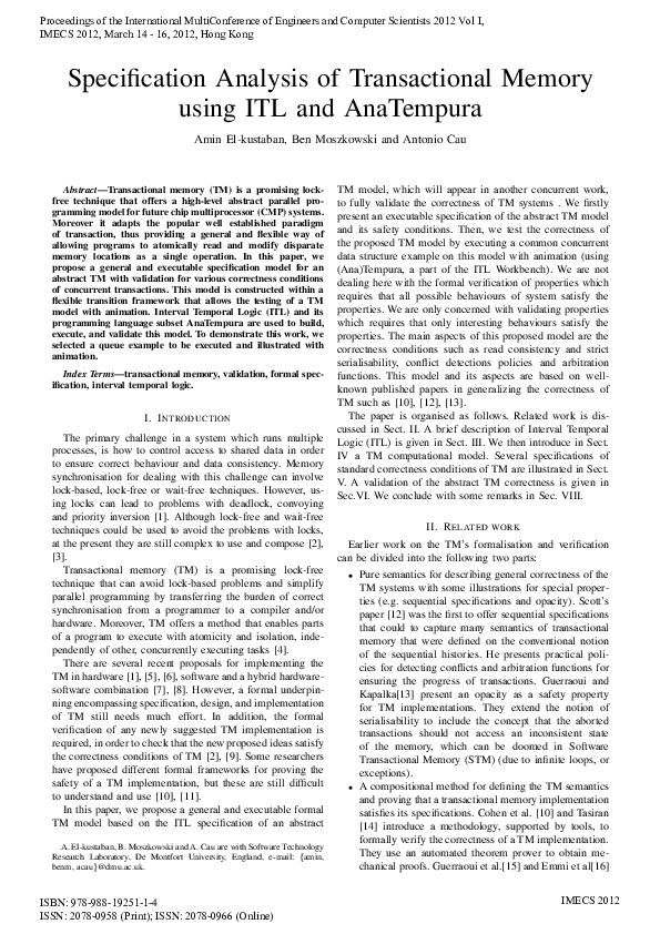 (PDF) Specification Analysis of Transactional Memory using ITL and AnaTempura