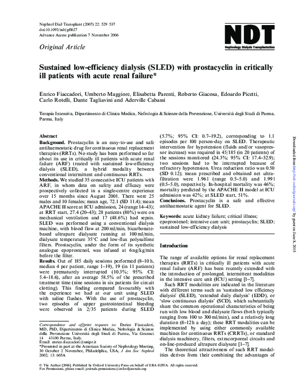 (PDF) Sustained low-efficiency dialysis (SLED) with prostacyclin in ...