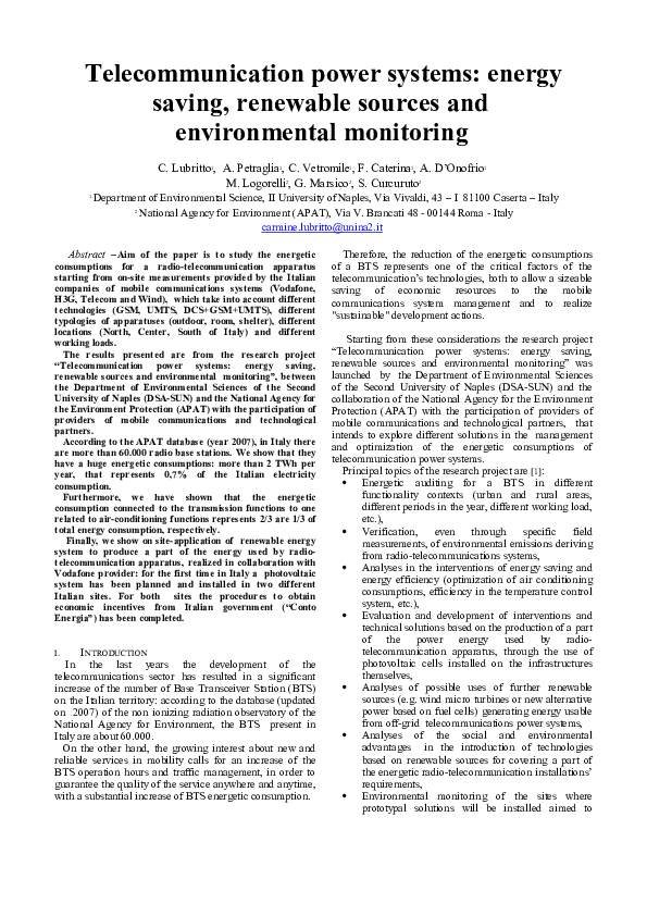 (PDF) Telecommunication power systems: energy saving, renewable sources ...