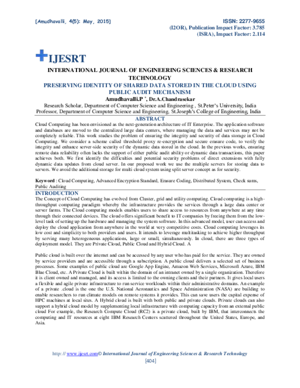 (PDF) PRESERVING IDENTITY OF SHARED DATA STORED IN THE CLOUD USING PUBLIC AUDIT MECHANISM