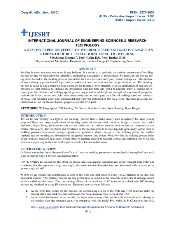 (PDF) A REVIEW PAPER ON EFFECT OF WELDING SPEED AND GROOVE ANGLE ON STRENGTH OF BUTT WELD JOINT ...