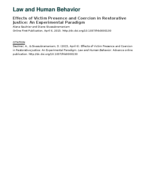 (PDF) Effects of victim presence and coercion in restorative justice: An experimental paradigm