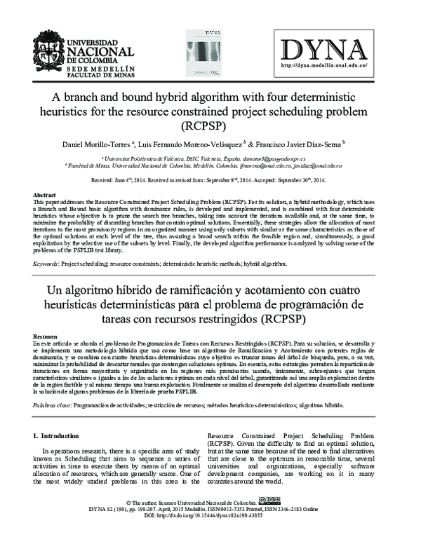 Pdf A Branch And Bound Hybrid Algorithm With Four Deterministic Heuristics For The Resource