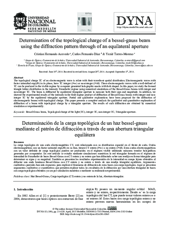 Pdf Determination Of The Topological Charge Of A Bessel Gauss Beam