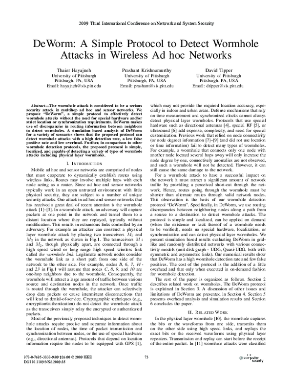 (PDF) DeWorm: A Simple Protocol to Detect Wormhole Attacks in Wireless Ad hoc Networks
