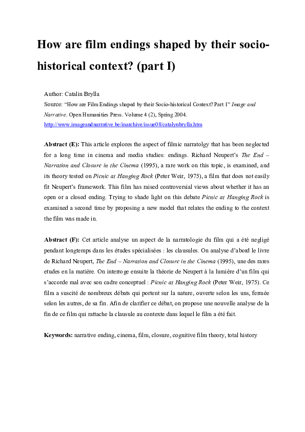 How are film endings shaped by their socio-historical context? (PART I)
