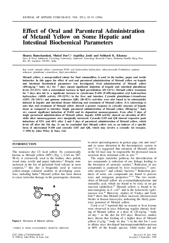 (PDF) Effect of Oral and Parenteral Administration of Metanil Yellow on ...