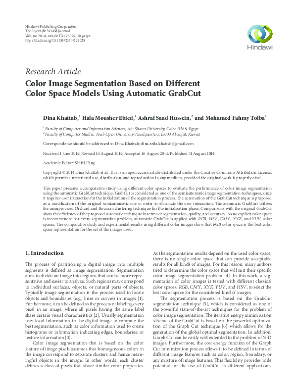 Color Image Segmentation Based On Different Color Space Models Using Automatic Grabcut