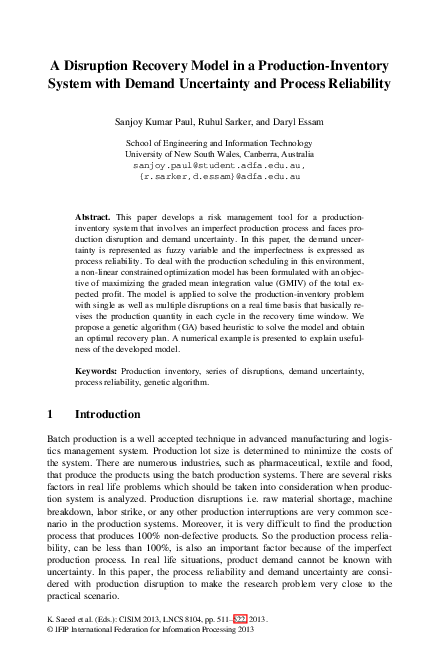 (PDF) A Disruption Recovery Model in a Production-Inventory System with ...