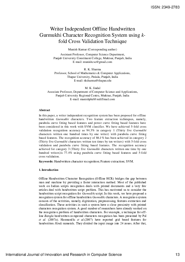 Pdf Writer Independent Offline Handwritten Gurmukhi Character Recognition System Using Kfold