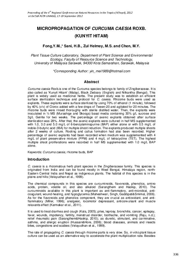 (PDF) MICROPROPAGATION OF CURCUMA CAESIA ROXB