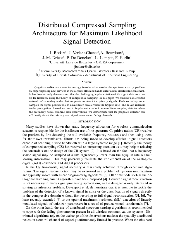 Pdf Distributed Compressed Sampling Architecture For Maximum Likelihood Signal Detection