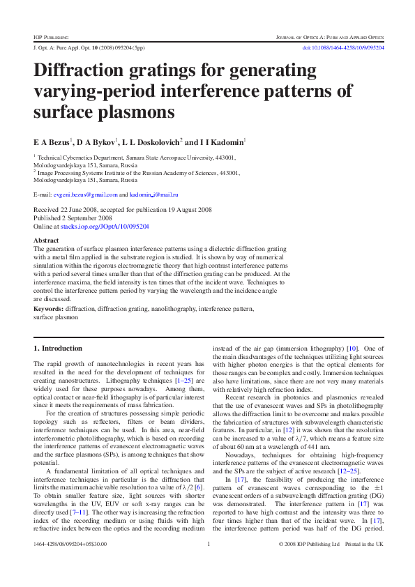 Pdf Diffraction Gratings For Generating Varying Period Interference Patterns Of Surface Plasmons