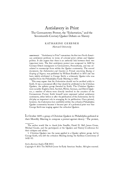 (PDF) Antislavery in Print: The Germantown Protest, the ‘Exhortation ...