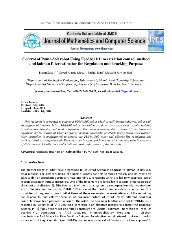 (PDF) Control of Puma-560 robot Using Feedback Linearization control method and kalman filter ...